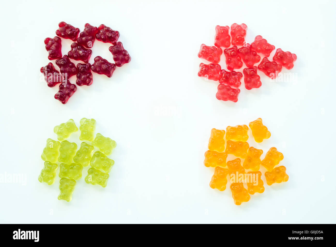 Detail of four groups of gummy bears ordered by colors with isolated ...