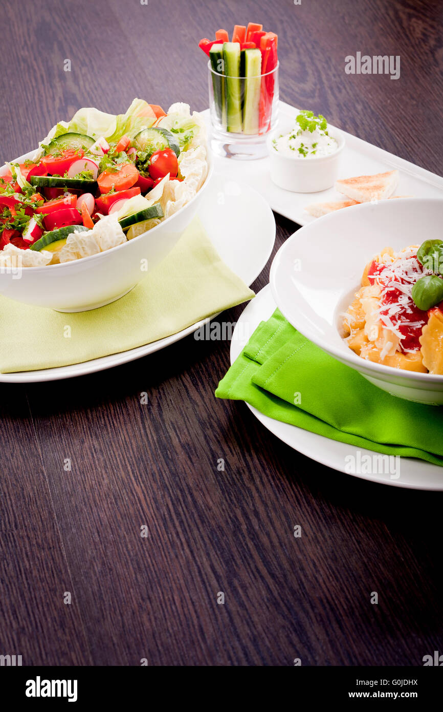collection of different plates with healthy food Stock Photo - Alamy