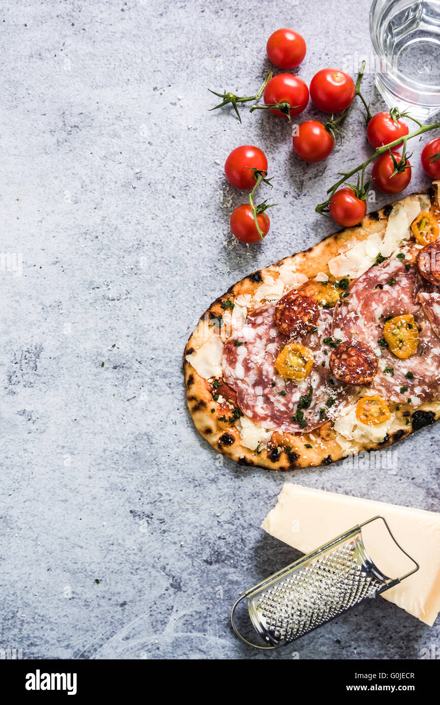 italian traditional pizza background on slate with copy space Stock ...