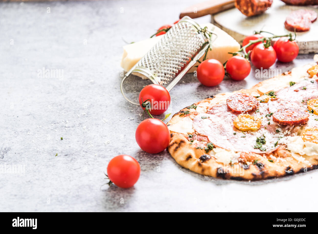 italian traditional pizza background on slate with copy space Stock ...