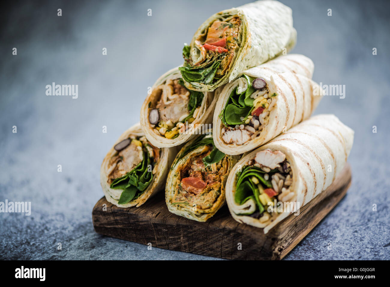 stack of mexican street food fajita wrap, copy space for text Stock ...