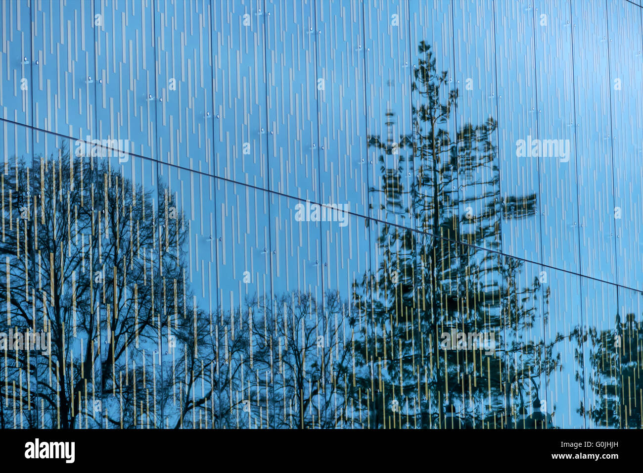 trees reflected in glass front Stock Photo - Alamy