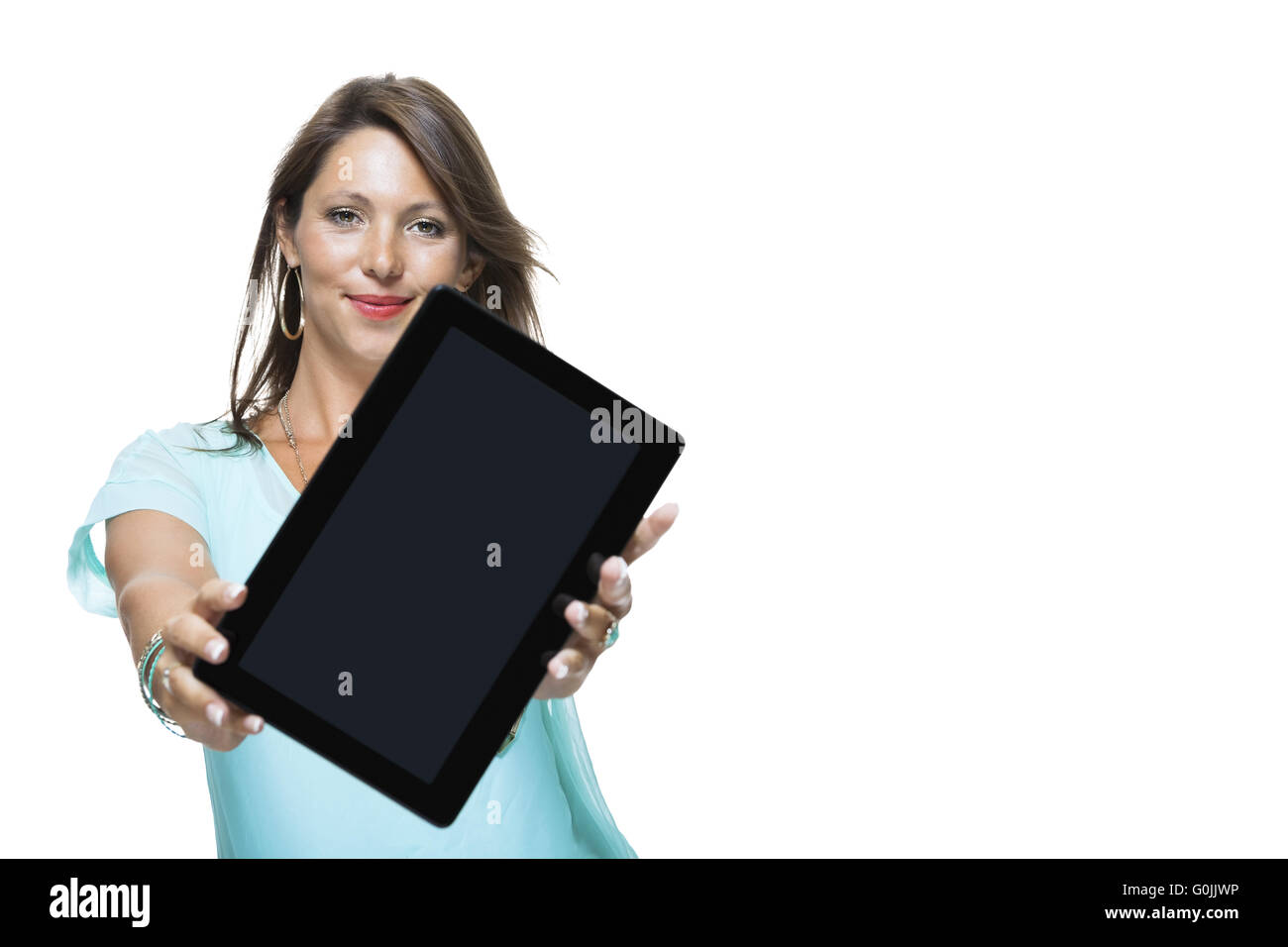 Pretty Woman Browsing at her Tablet Computer Stock Photo - Alamy
