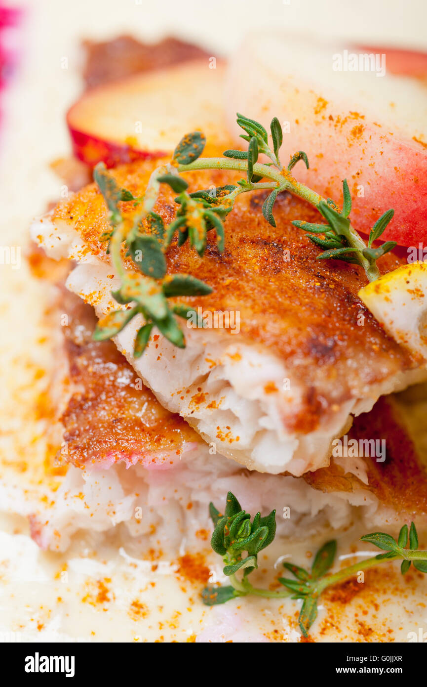 sea bream orata fillet butter pan fried with fresh peach prune and ...