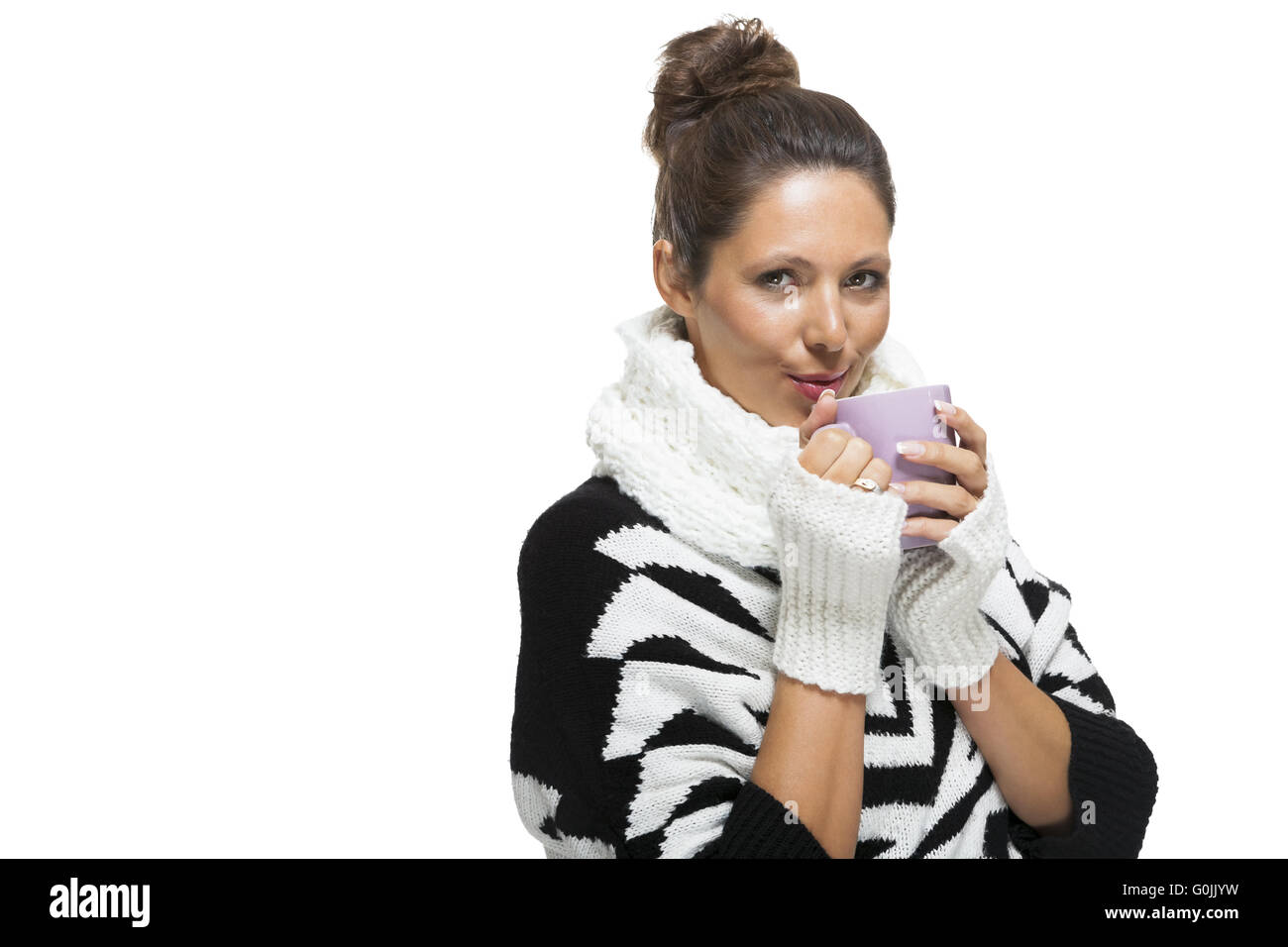 Cold woman in an elegant black and white outfit Stock Photo - Alamy