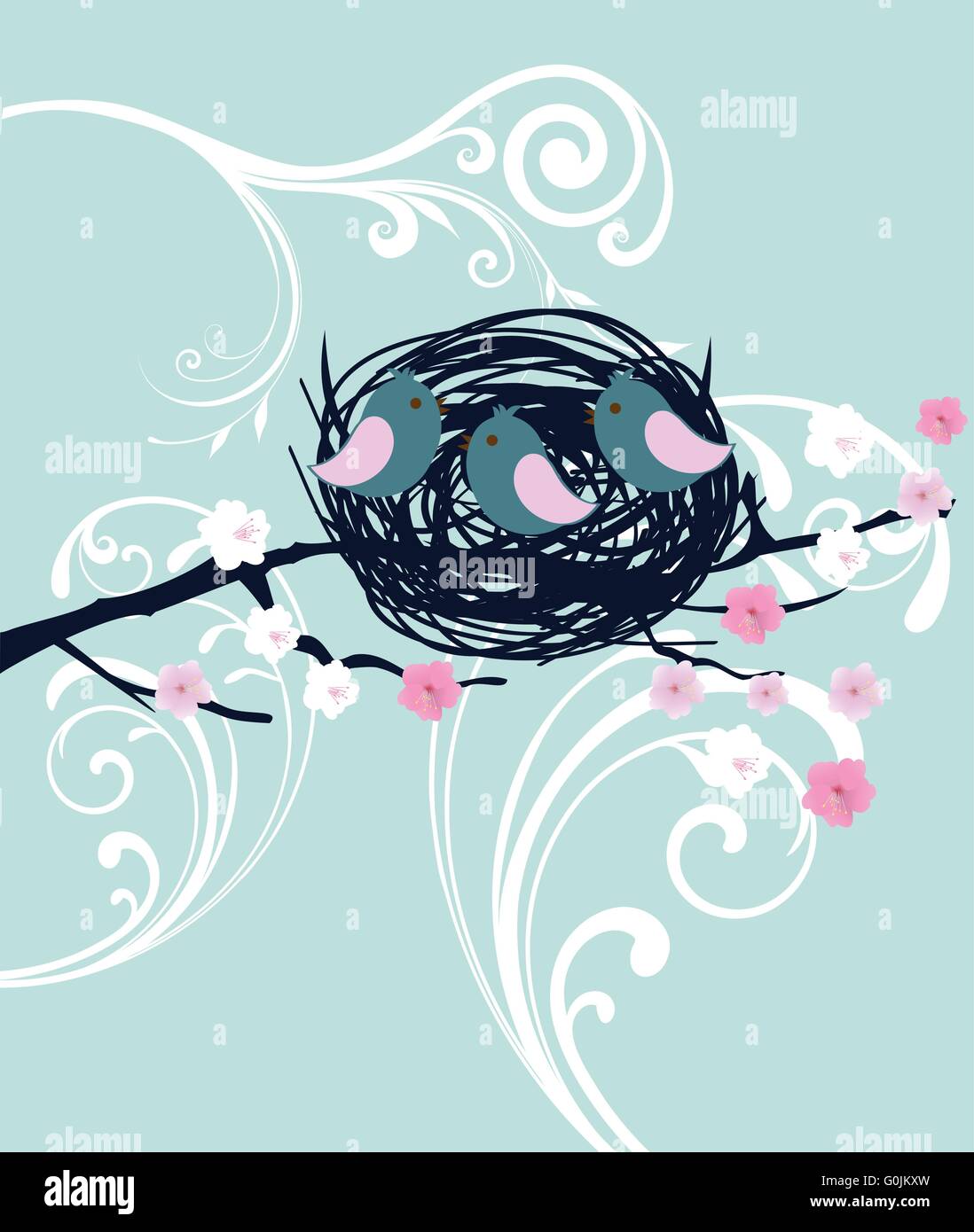 vector illustration of bird nest card with swirls and flowers Stock ...