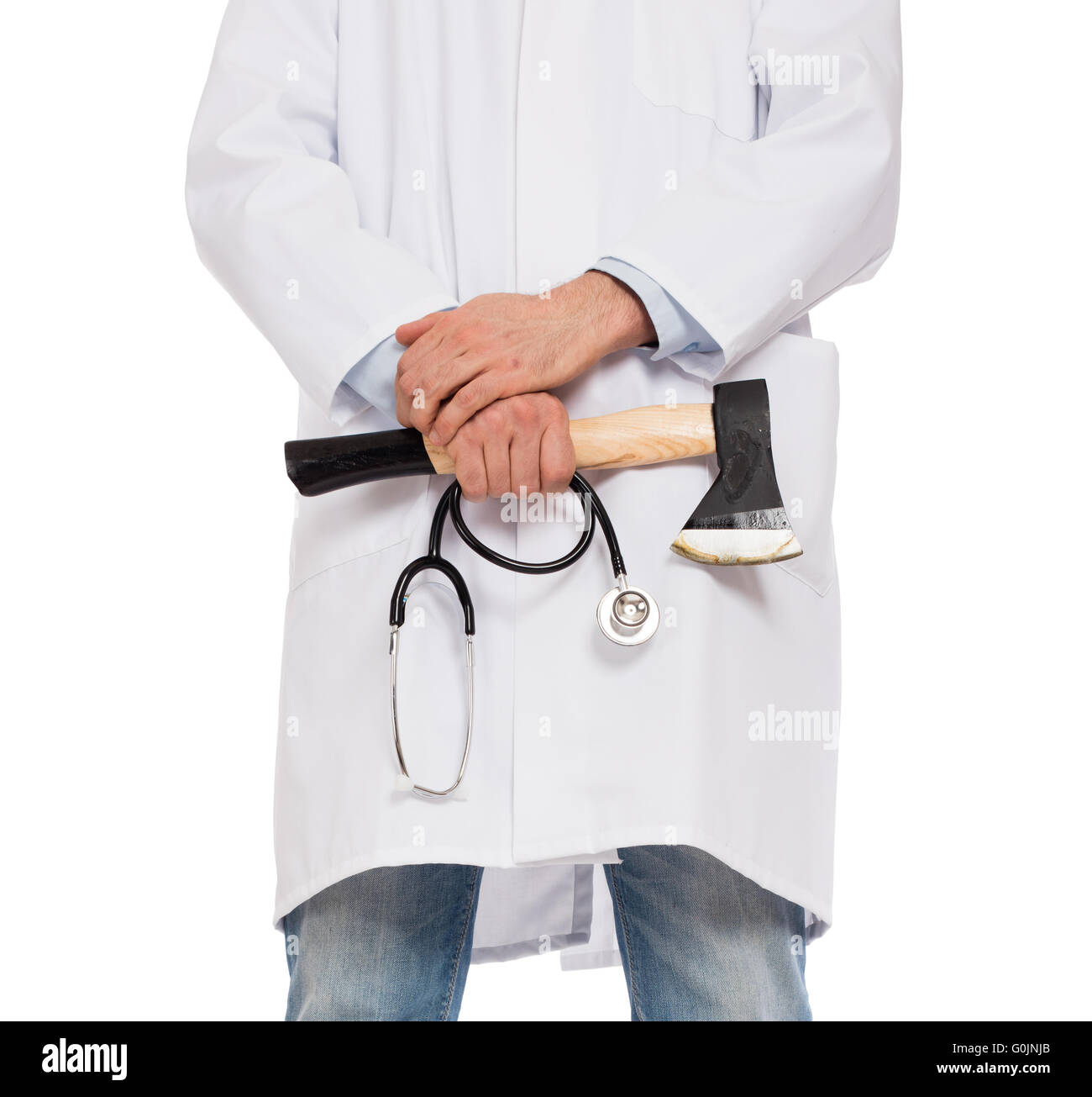 Evil medic holding a small axe and stethoscope, isolated on white Stock ...