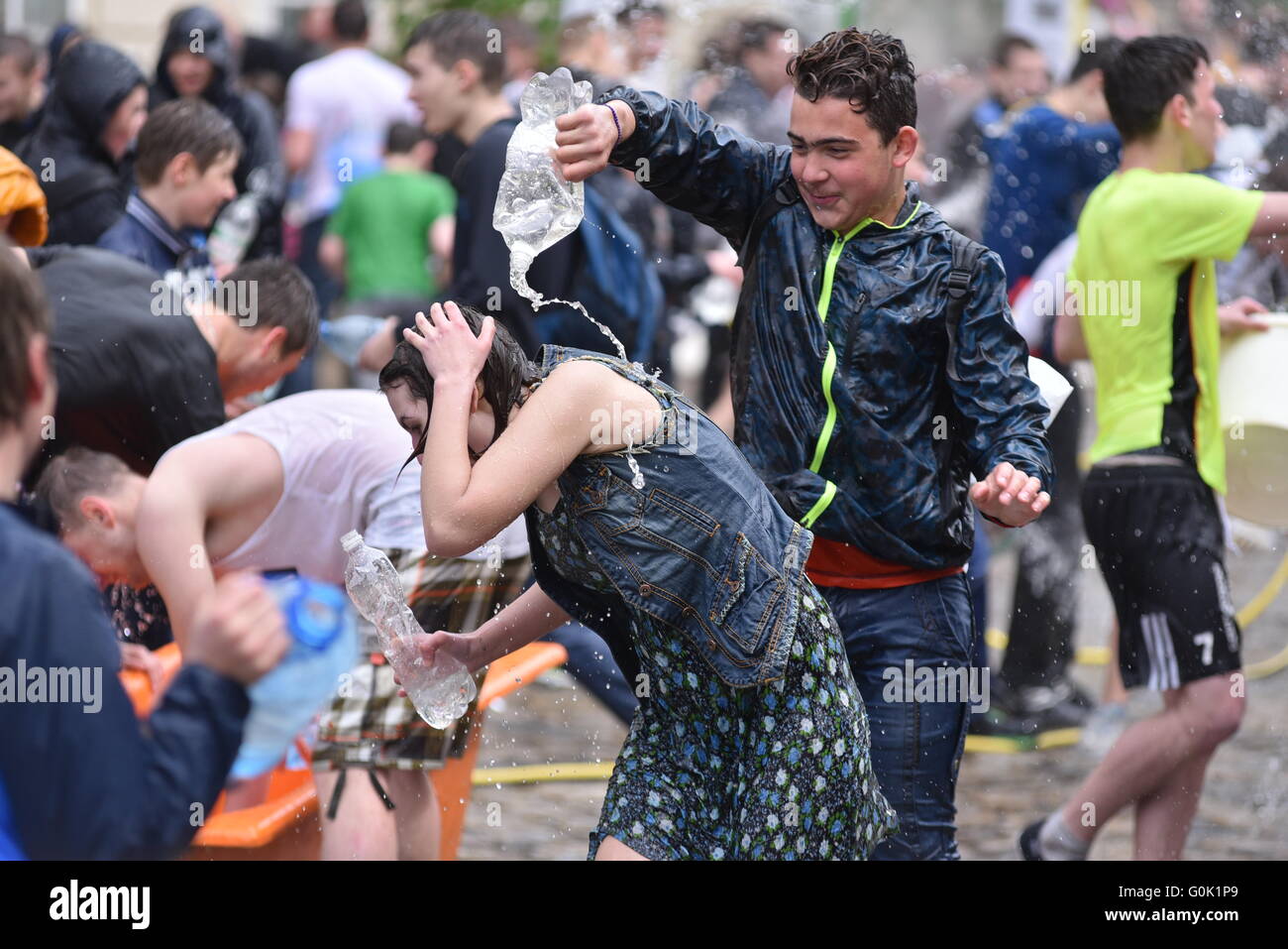 Lviv, Ukraine. 02nd May, 2016. Ukrainians pour water on each other on a ...