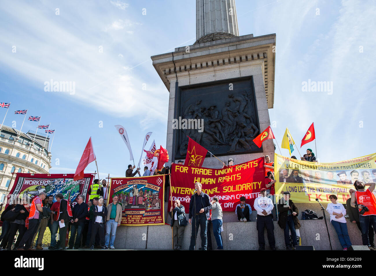 London, UK. 1st May, 2016. A speaker from Unite addresses the May Day ...