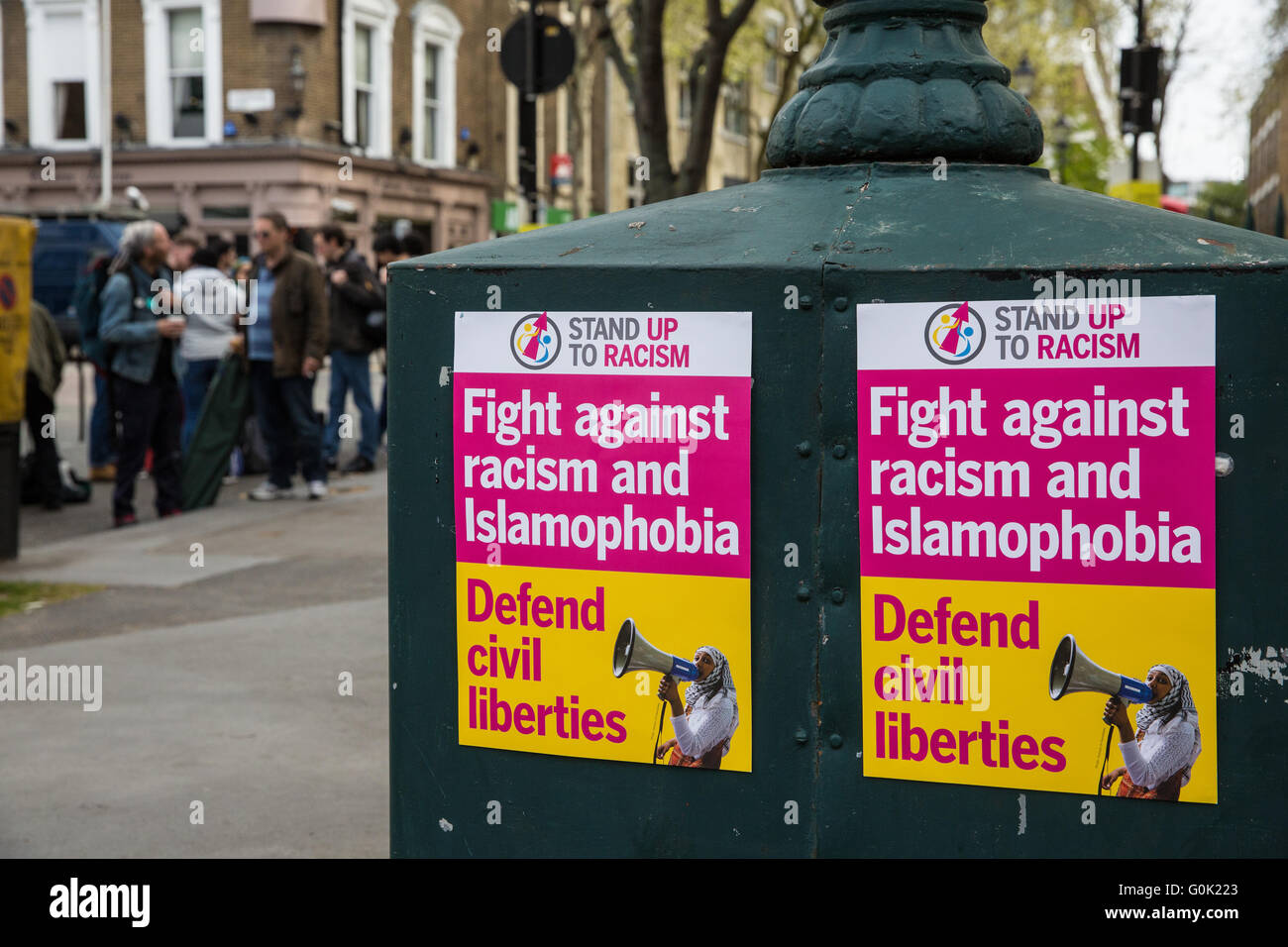 London, UK. 1st May, 2016. Stand Up To Racism posters at the May Day ...