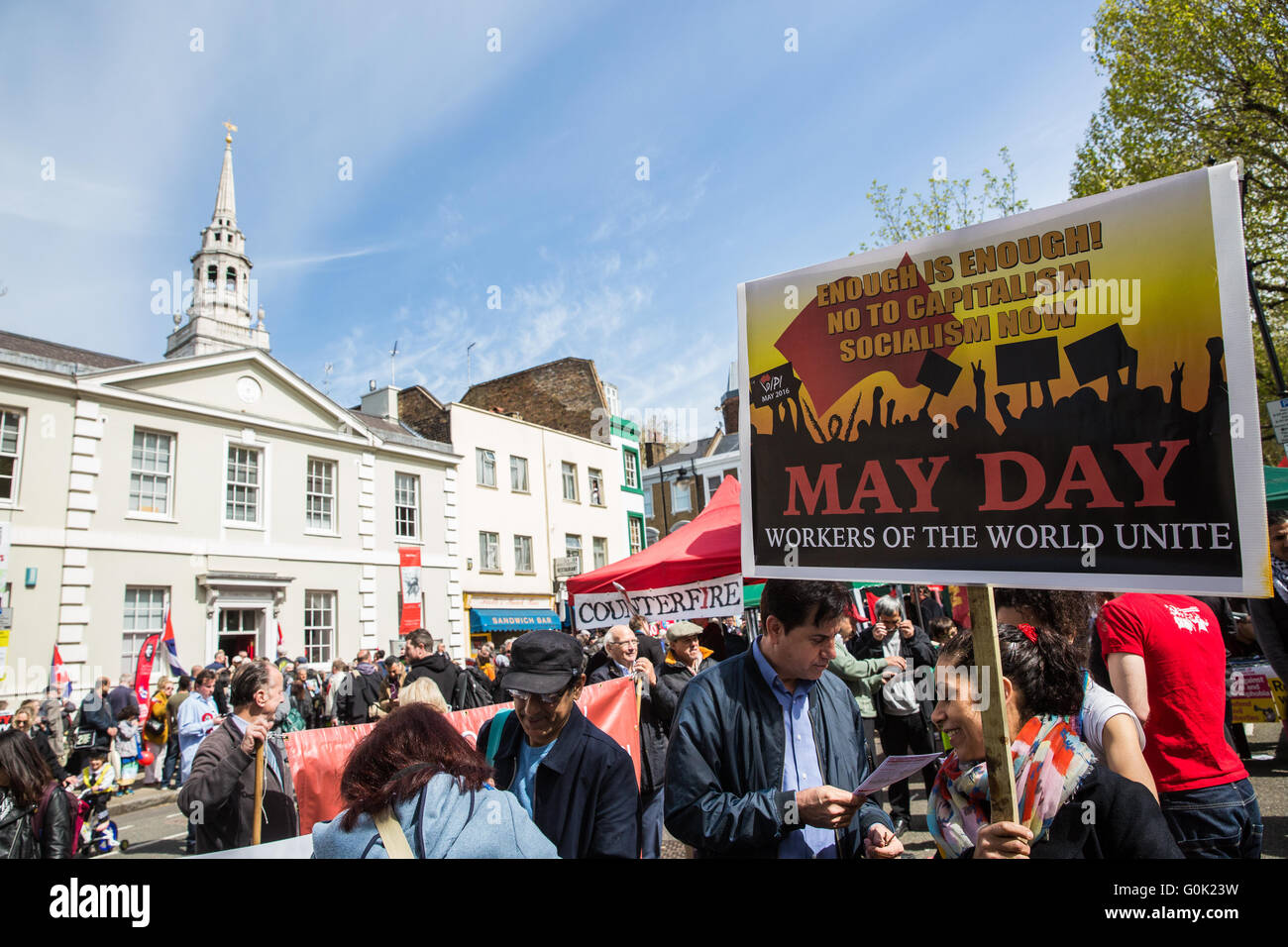London, UK. 1st May, 2016. People assemble for the May Day rally on ...