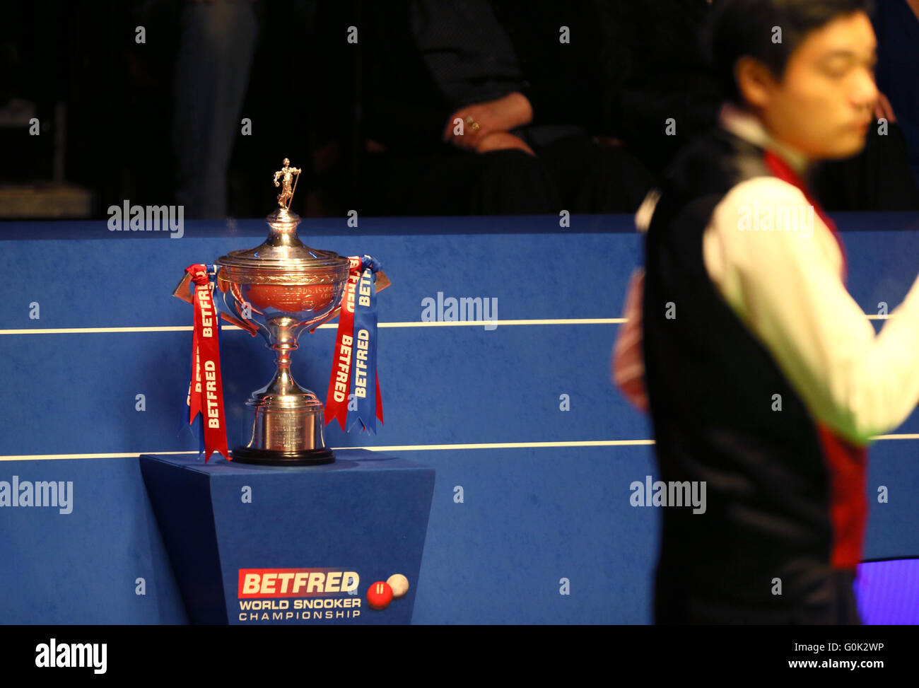 Sheffield, Britain. 2nd May, 2016. The trophy is placed behind the ...