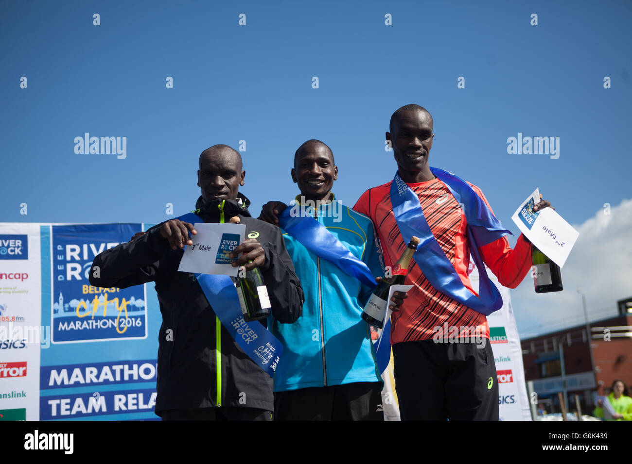Belfast, UK. 2nd May 2016. Joel Kipsang Kositany(C) who won the mens ...