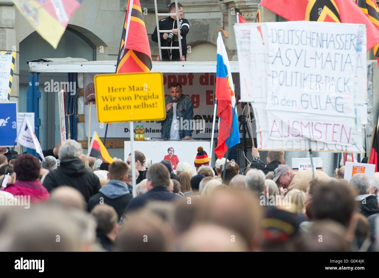 Dresden, Germany. 2nd May, 2016. Pegida co-founder Lutz Bachmann (c ...