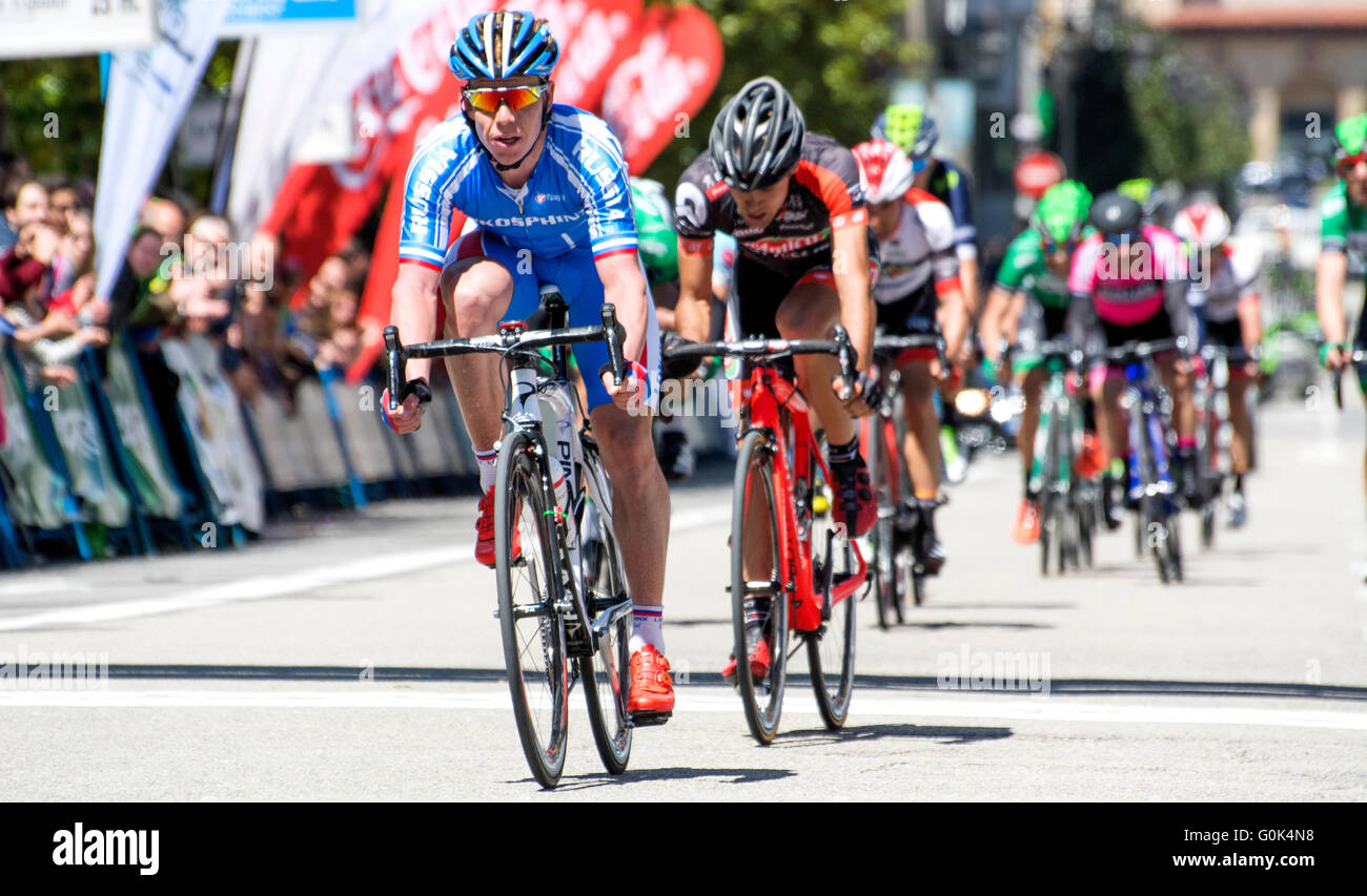 Oviedo, Spain. 2nd May, 2016. Sergey Shilov (Lokosphinx) heads the sprint of the peloton during ...