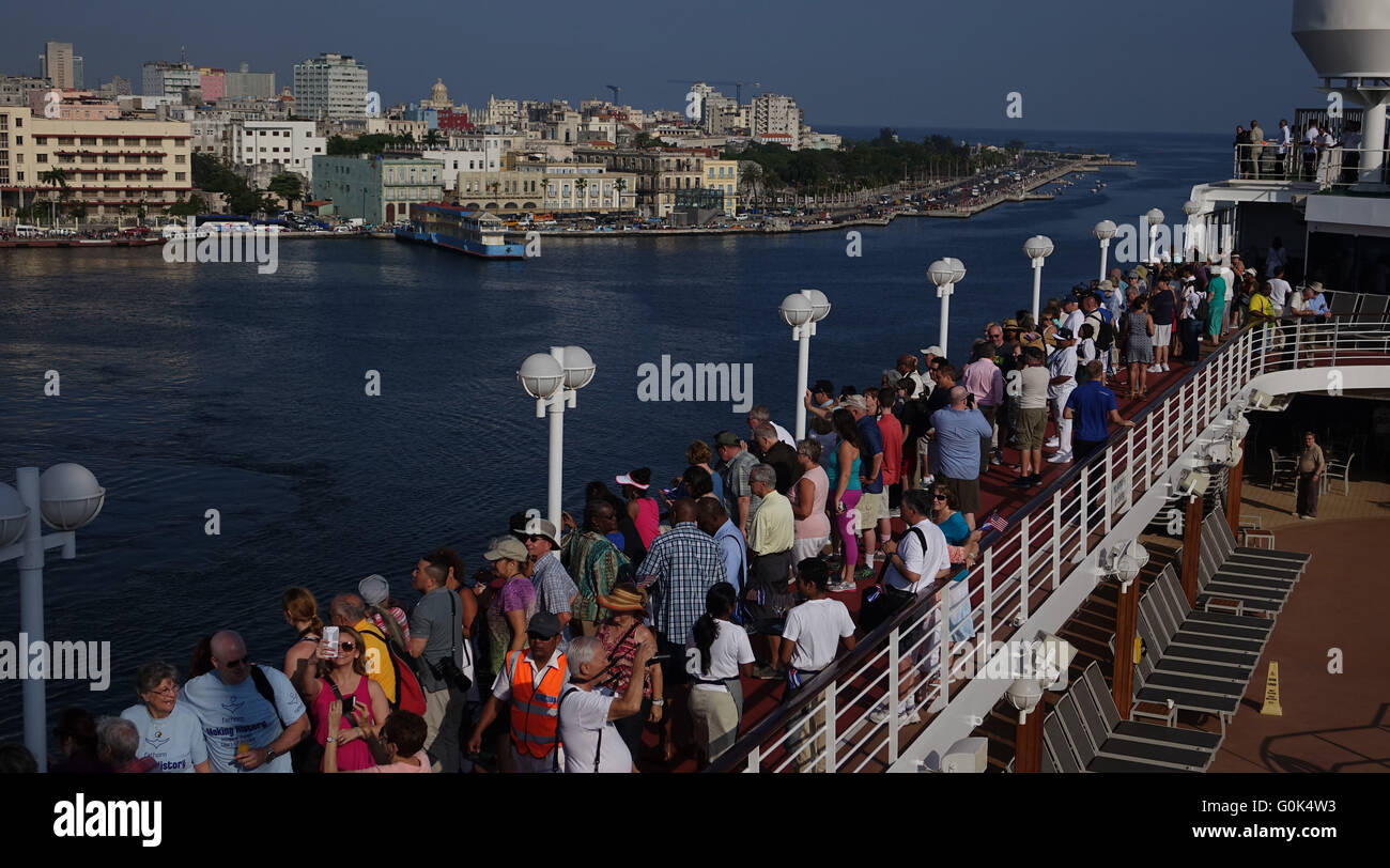 Havana, CUB. 2nd May, 2016. Passengers on board the Fathom Adonia looks ...