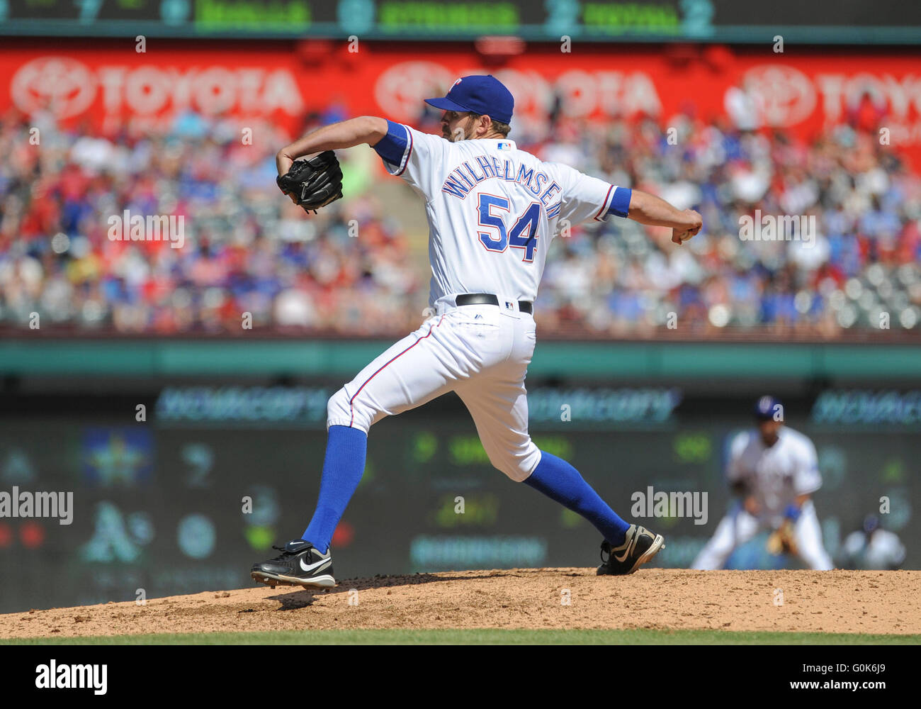 May 01, 2016: Texas Rangers relief pitcher Tom Wilhelmsen #54 during an ...