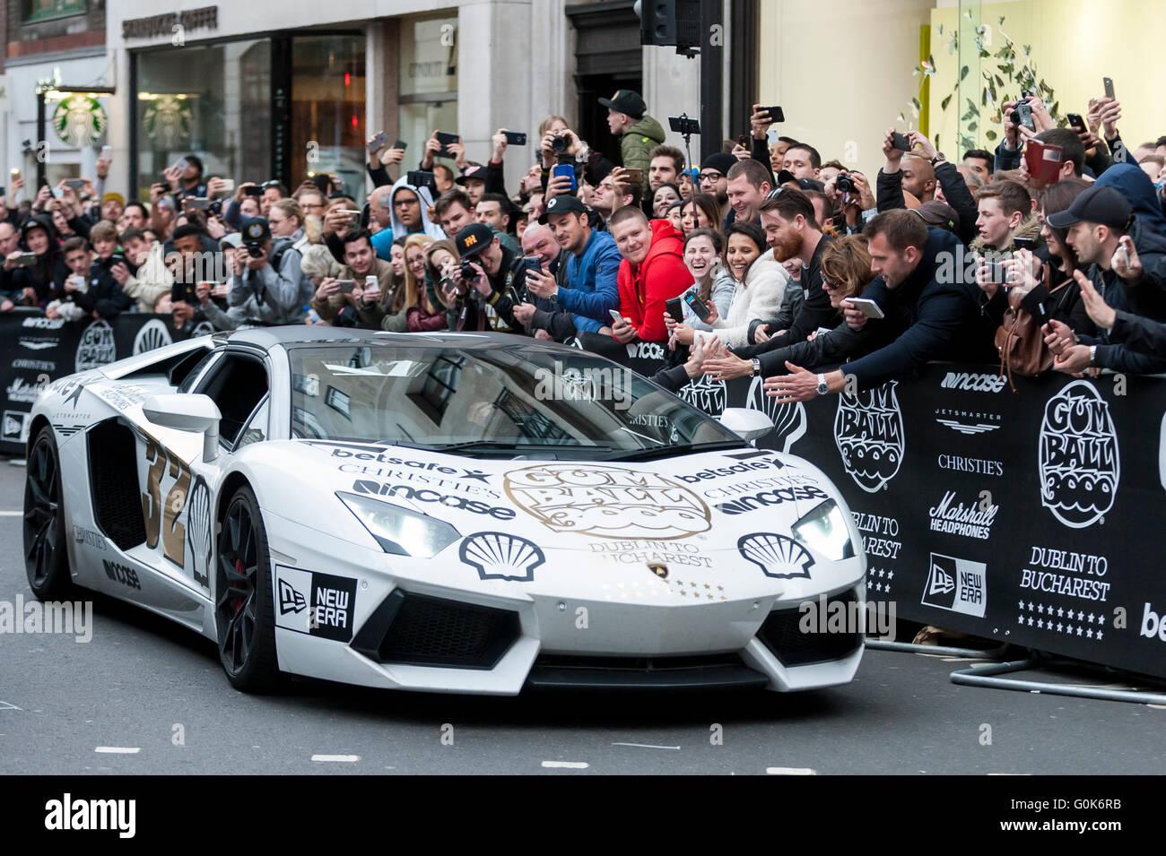 London, UK. 2 May 2016. Supercars in the Gumball 3000 race arrive in ...