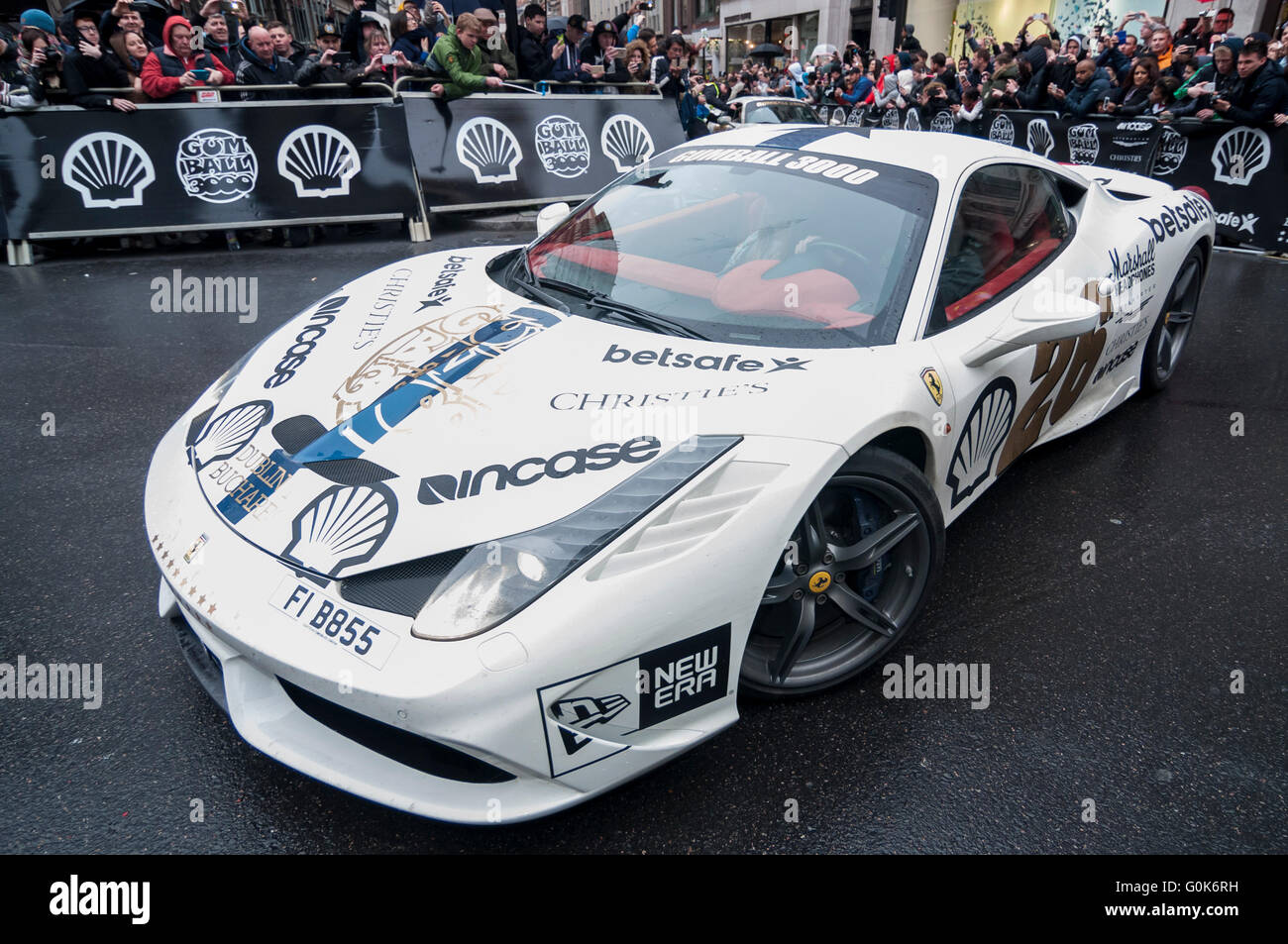 London, UK. 2 May 2016. Supercars in the Gumball 3000 race arrive in ...