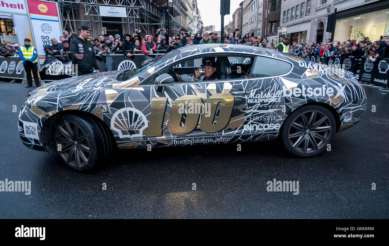 London, UK. 2 May 2016. Supercars in the Gumball 3000 race arrive in ...