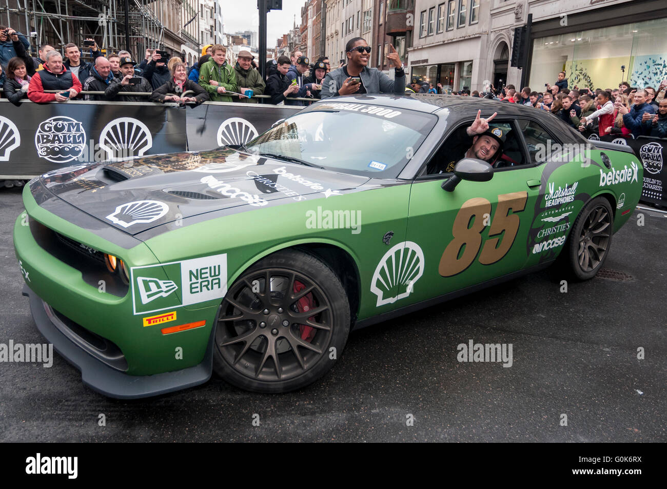 London, UK. 2 May 2016. Supercars in the Gumball 3000 race arrive in ...