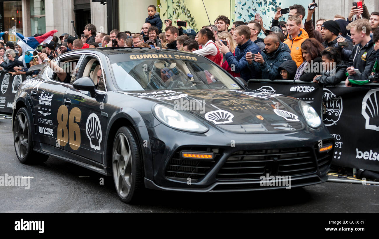 London, UK. 2 May 2016. Supercars in the Gumball 3000 race arrive in ...