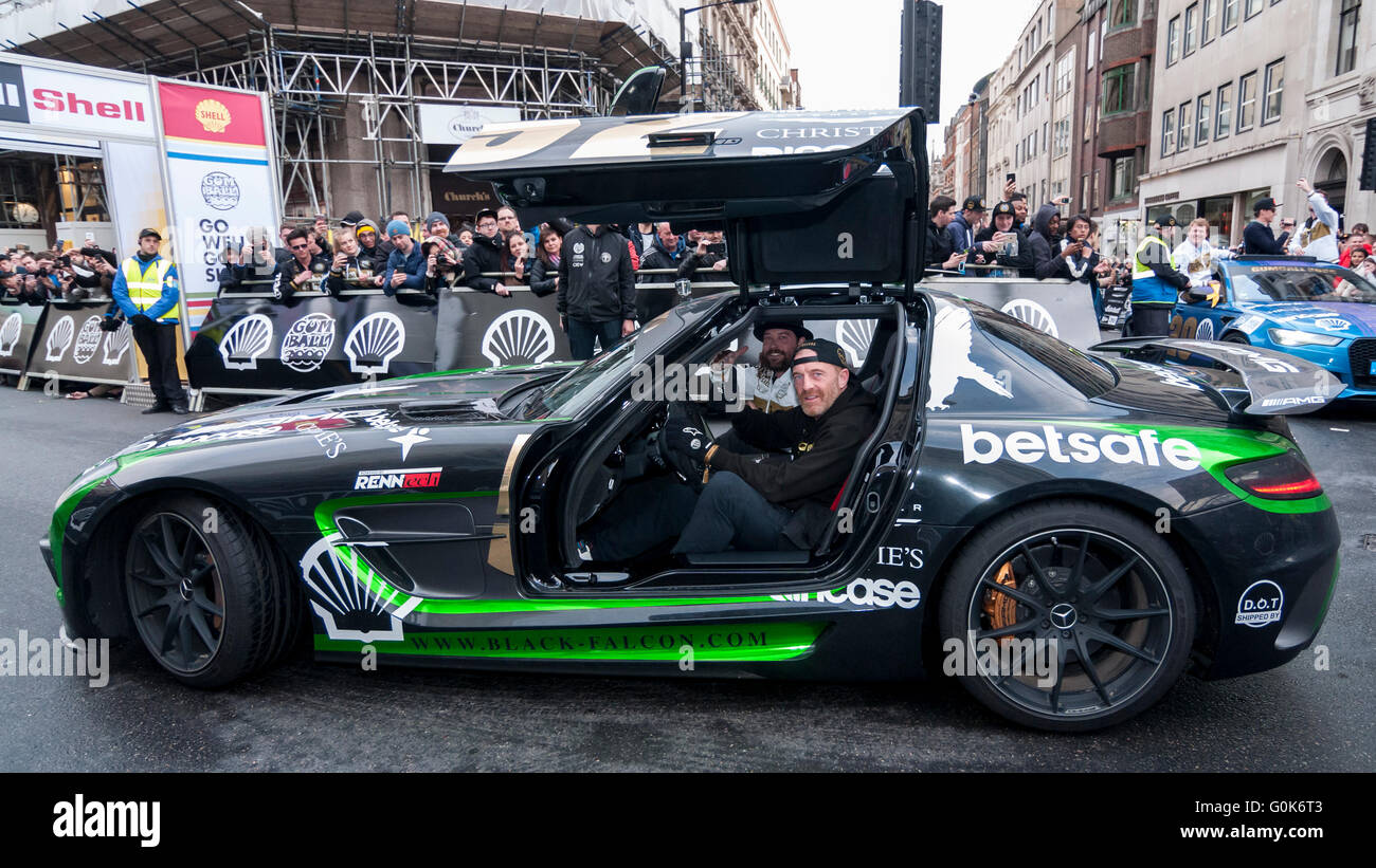 London, UK. 2 May 2016. Supercars in the Gumball 3000 race arrive in ...