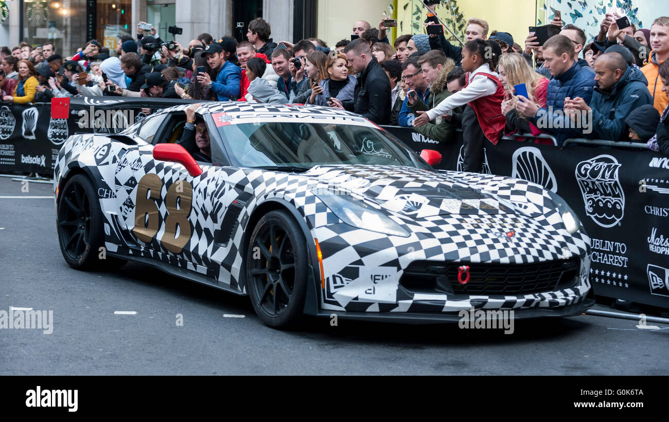 London, UK. 2 May 2016. Supercars in the Gumball 3000 race arrive in ...