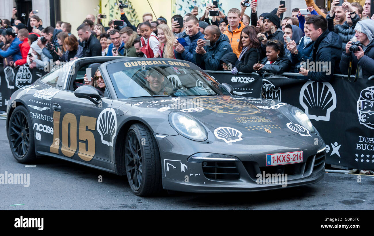 London, UK. 2 May 2016. Supercars in the Gumball 3000 race arrive in ...