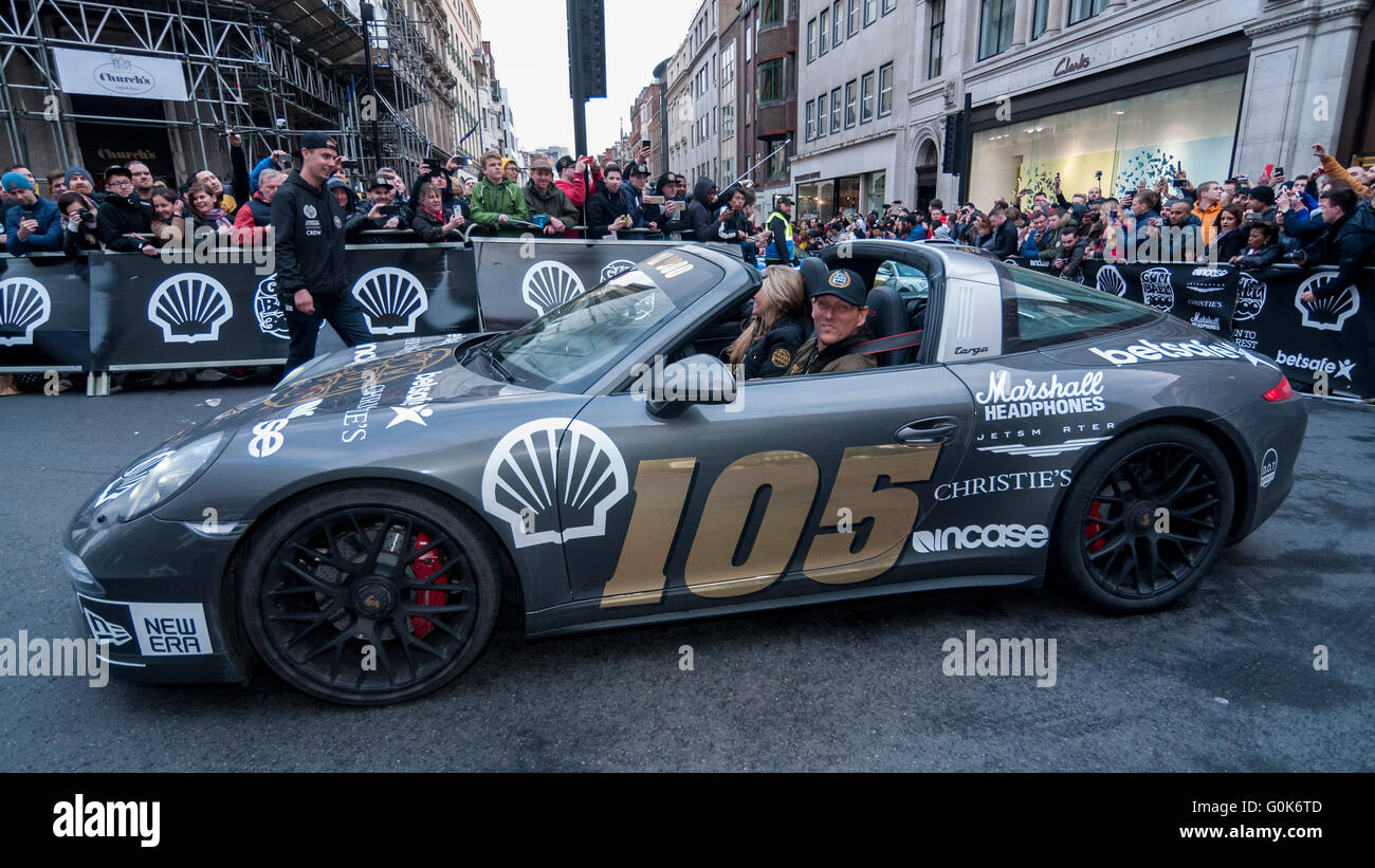 London, UK. 2 May 2016. Supercars in the Gumball 3000 race arrive in ...