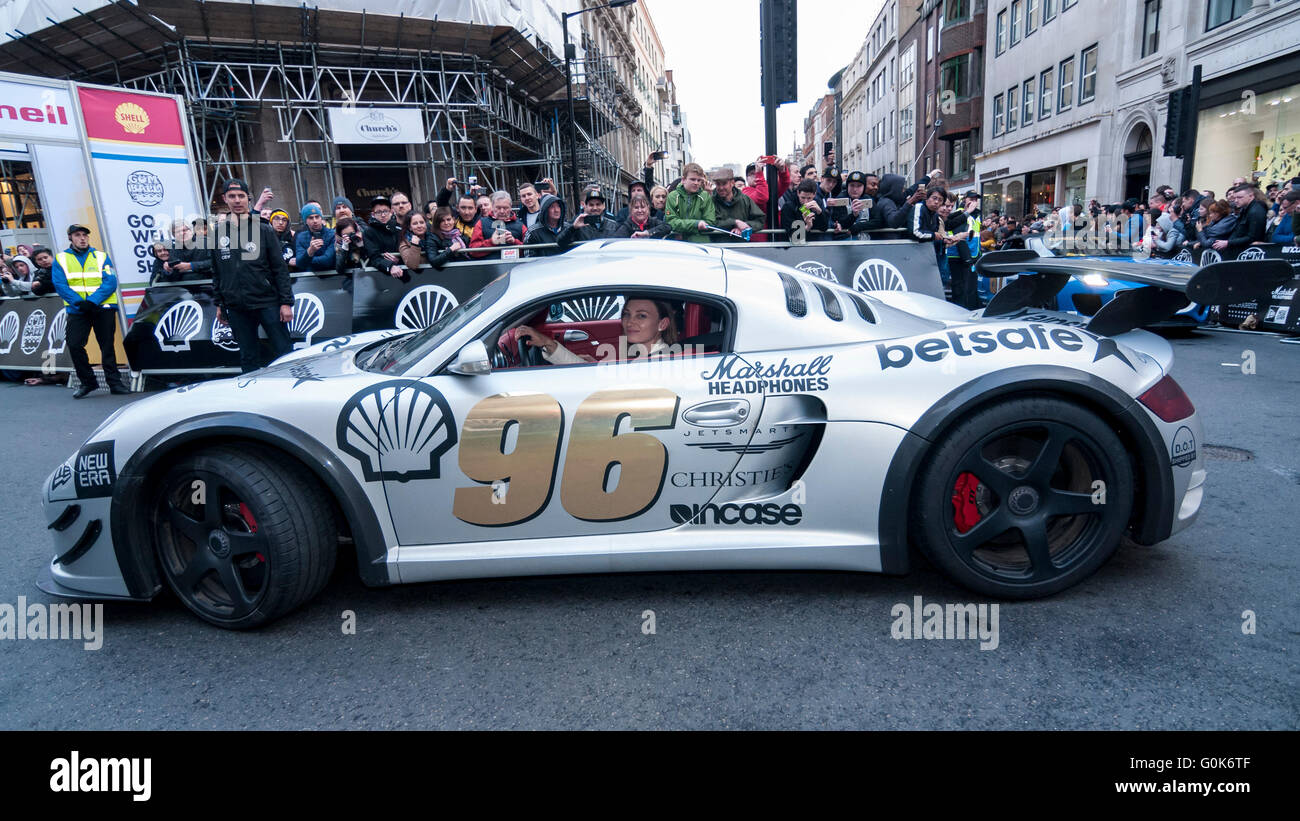 London, UK. 2 May 2016. Supercars in the Gumball 3000 race arrive in ...