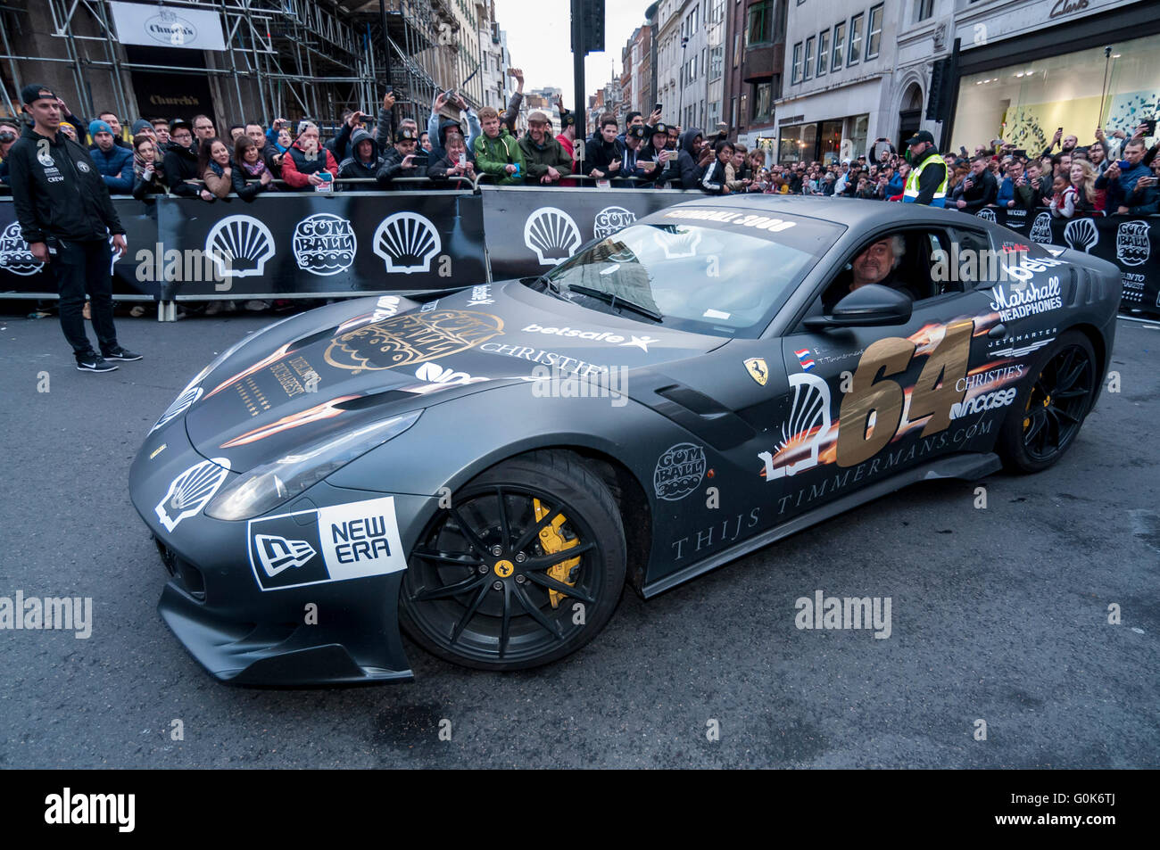 London, UK. 2 May 2016. Supercars in the Gumball 3000 race arrive in ...