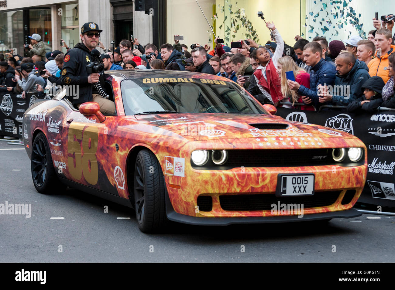 London, UK. 2 May 2016. Supercars in the Gumball 3000 race arrive in ...
