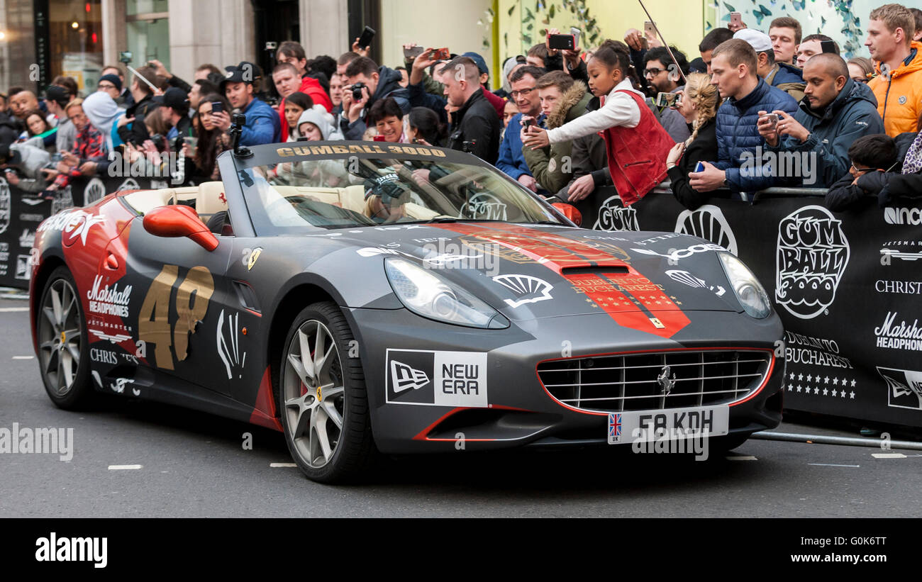 London, UK. 2 May 2016. Supercars in the Gumball 3000 race arrive in ...