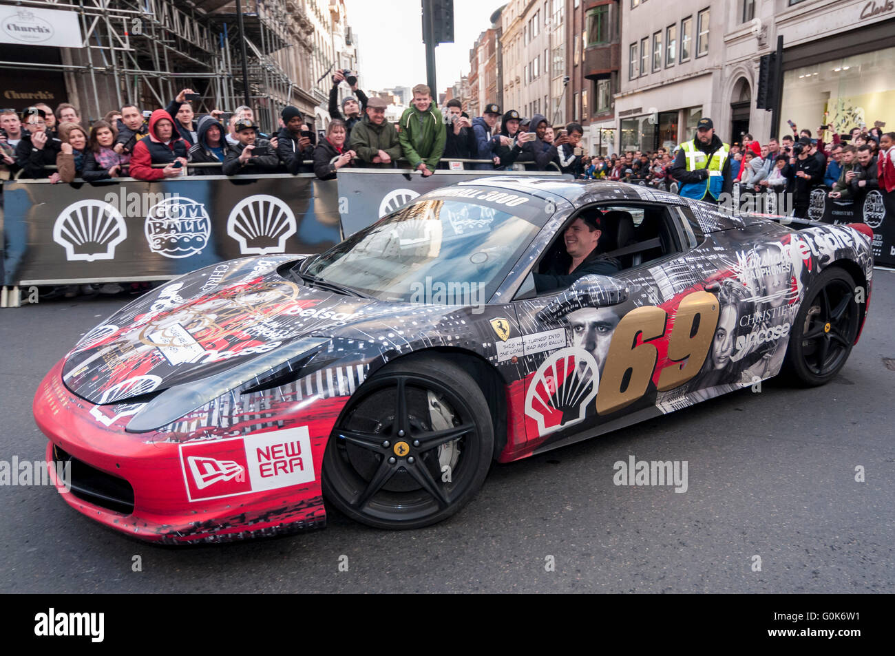 London, UK. 2 May 2016. Supercars in the Gumball 3000 race arrive in ...