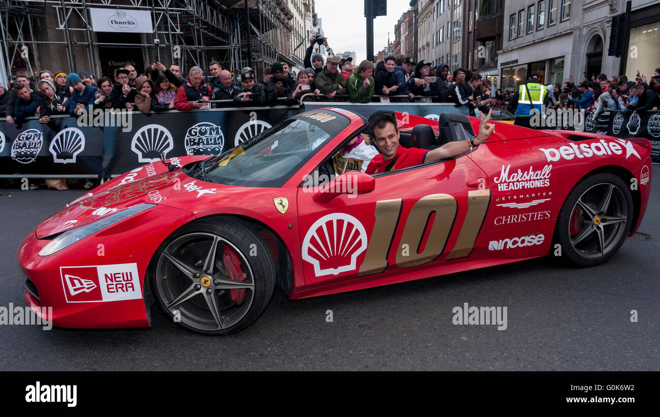 London, UK. 2 May 2016. Supercars in the Gumball 3000 race arrive in ...