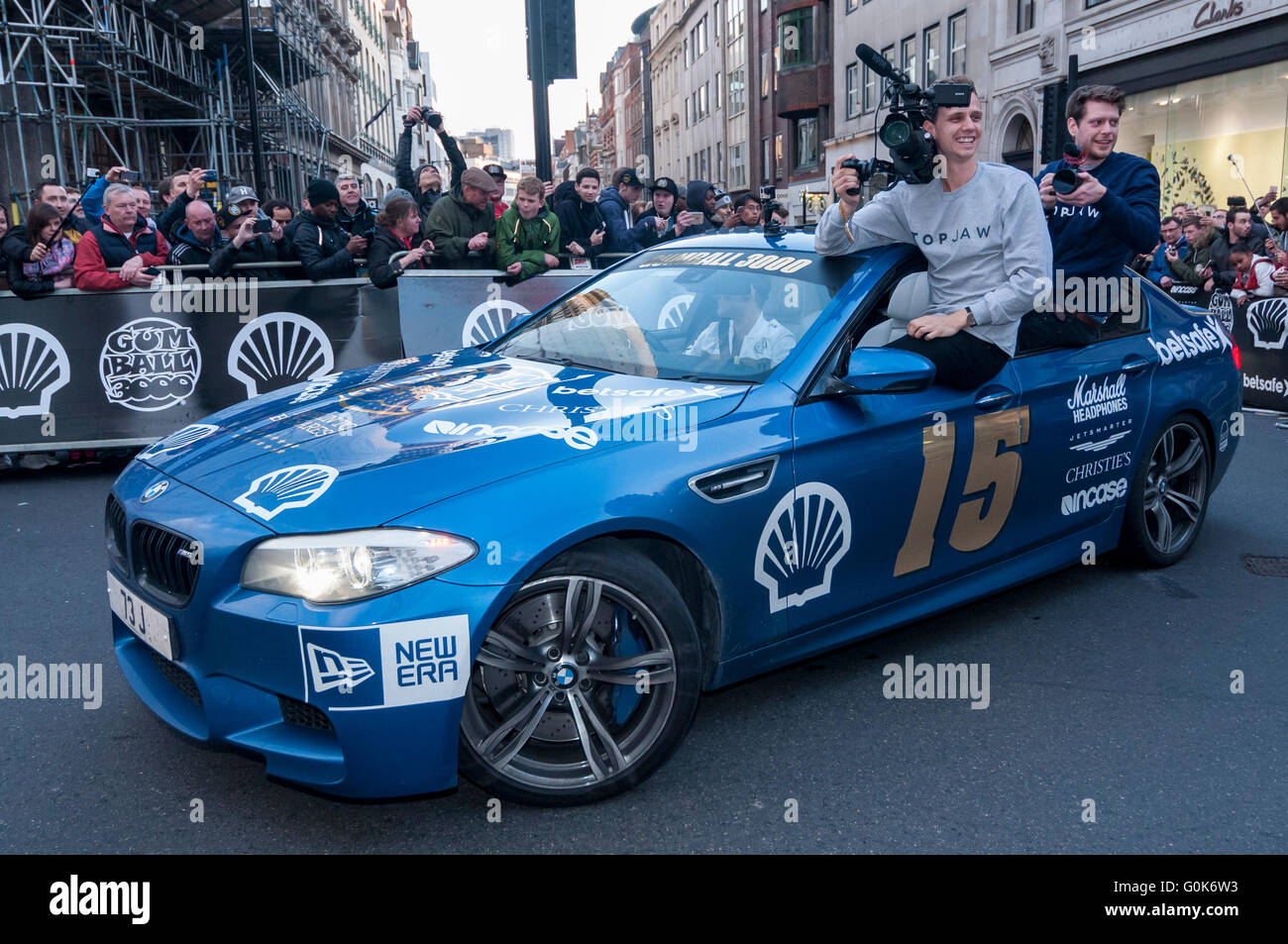 London, UK. 2 May 2016. Supercars in the Gumball 3000 race arrive in ...