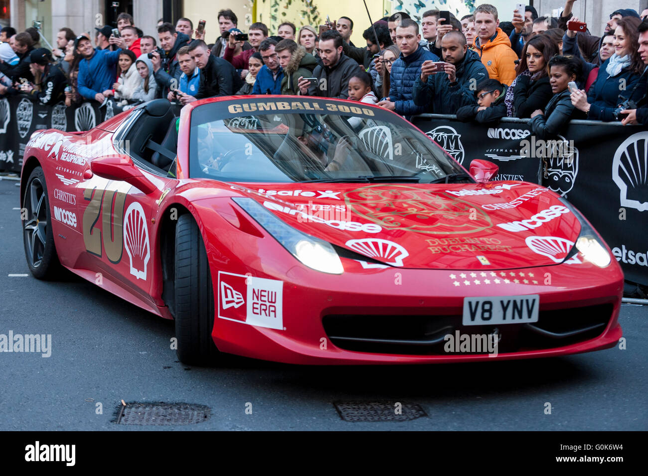 London, UK. 2 May 2016. Supercars in the Gumball 3000 race arrive in ...