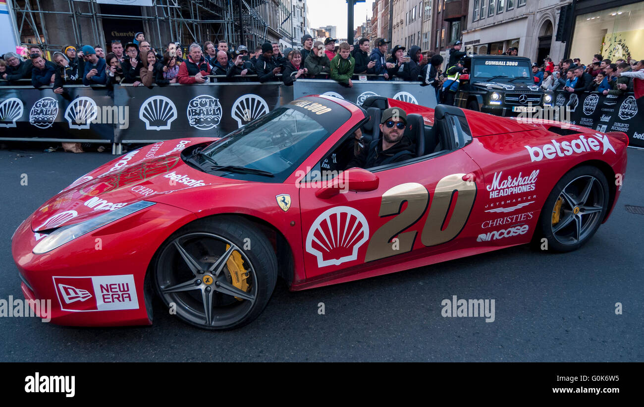 London, UK. 2 May 2016. Supercars in the Gumball 3000 race arrive Stock ...