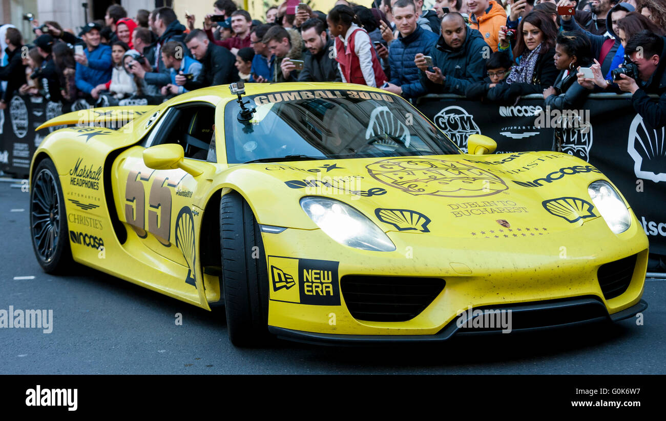 London, UK. 2 May 2016. Supercars in the Gumball 3000 race arrive in ...