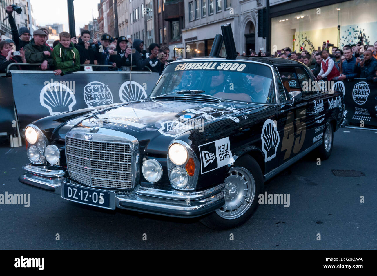 London, UK. 2 May 2016. Supercars in the Gumball 3000 race arrive in ...