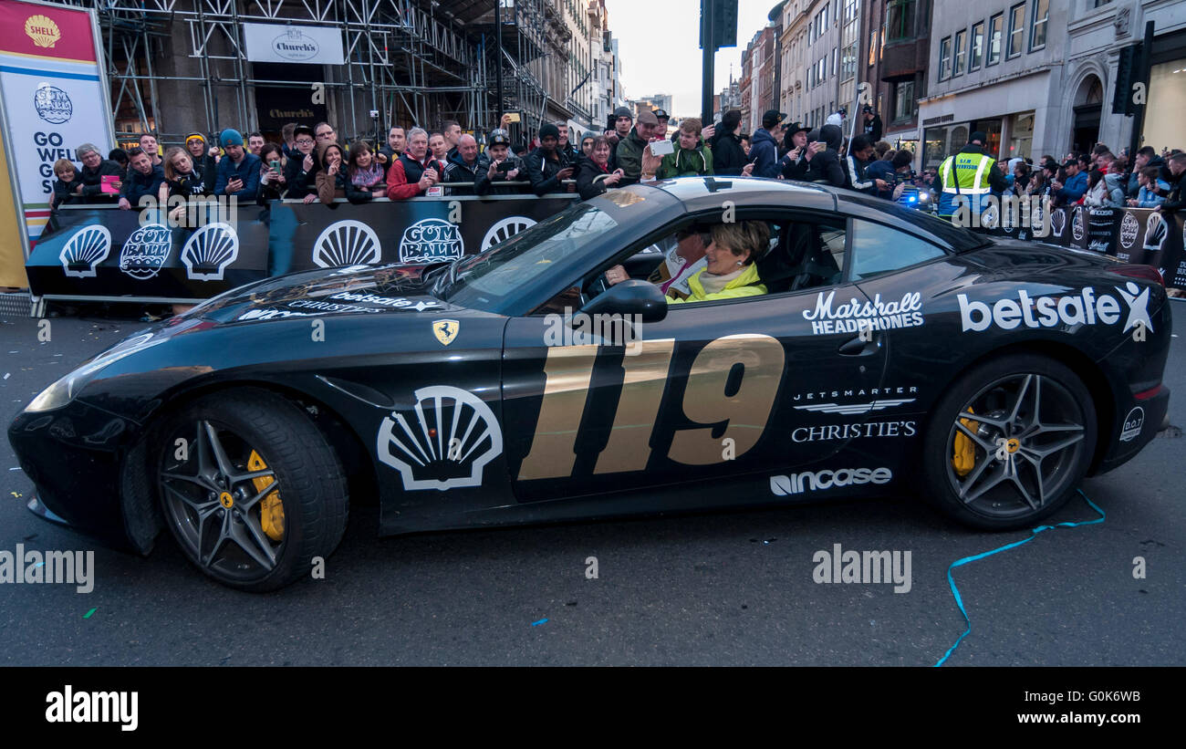 London, UK. 2 May 2016. Supercars in the Gumball 3000 race arrive in ...