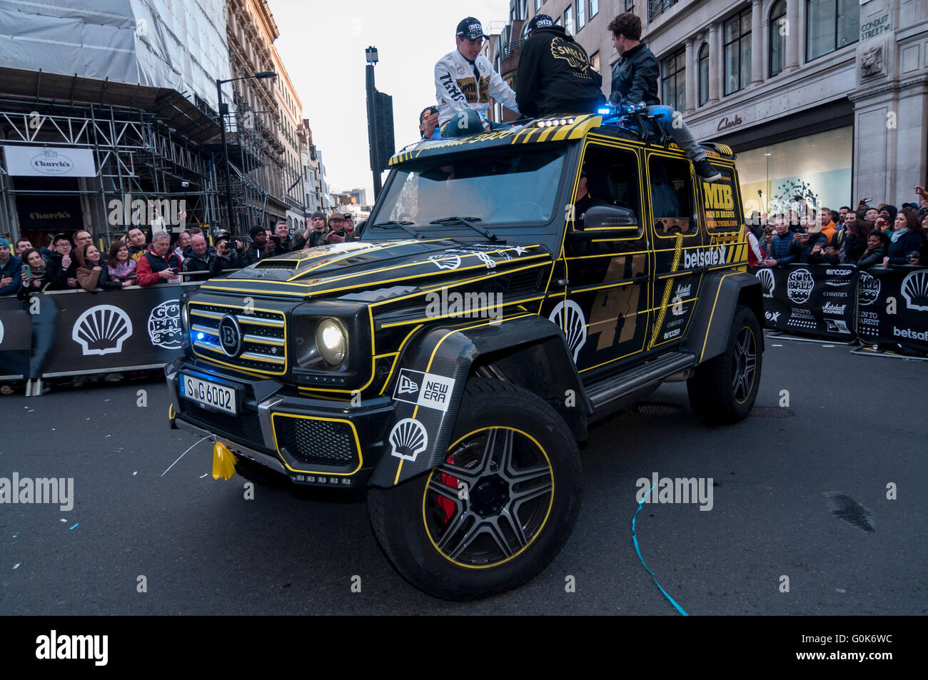 London, UK. 2 May 2016. Supercars in the Gumball 3000 race arrive in ...