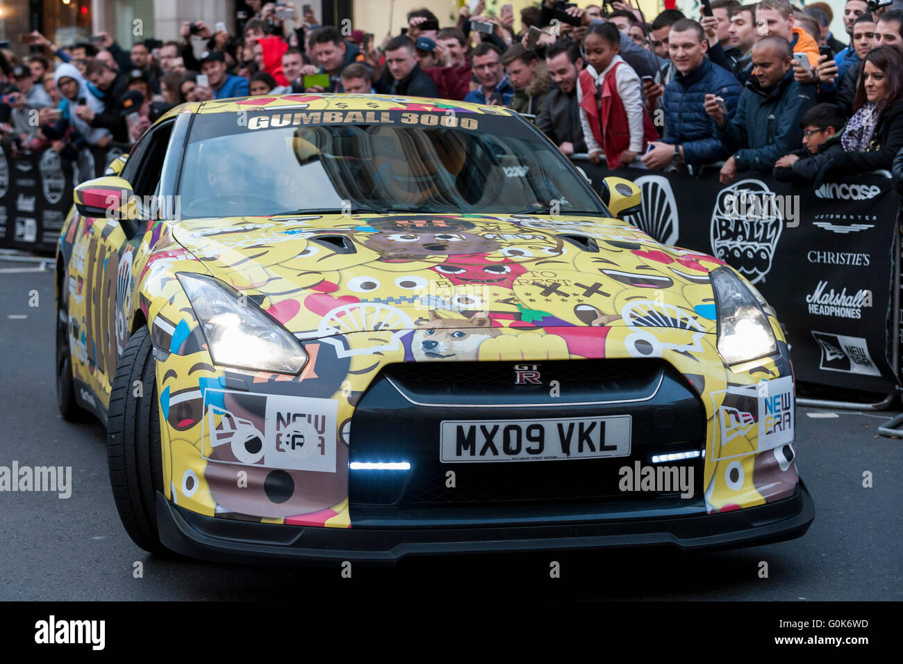 London, UK. 2 May 2016. Supercars in the Gumball 3000 race arrive in ...