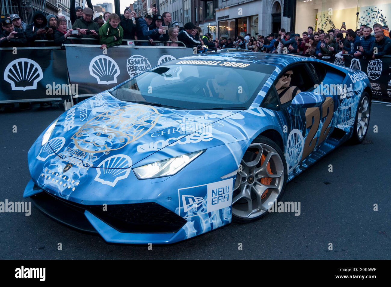 London, UK. 2 May 2016. Supercars in the Gumball 3000 race arrive in ...