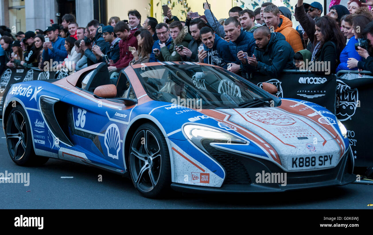London, UK. 2 May 2016. Supercars in the Gumball 3000 race arrive in ...