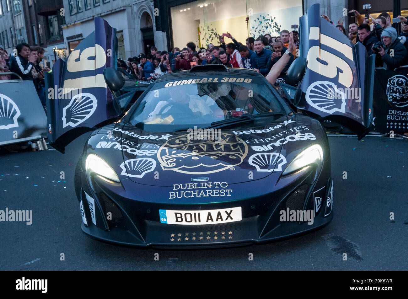 London, UK. 2 May 2016. Supercars in the Gumball 3000 race arrive in ...