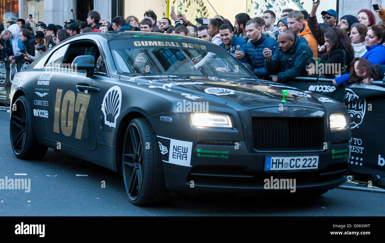 London, UK. 2 May 2016. Supercars in the Gumball 3000 race arrive in ...