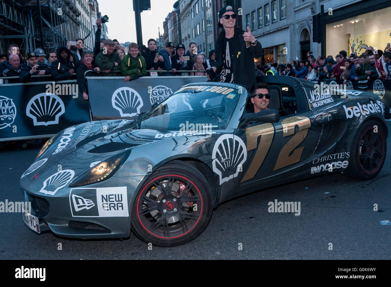 London, UK. 2 May 2016. Supercars in the Gumball 3000 race arrive in ...