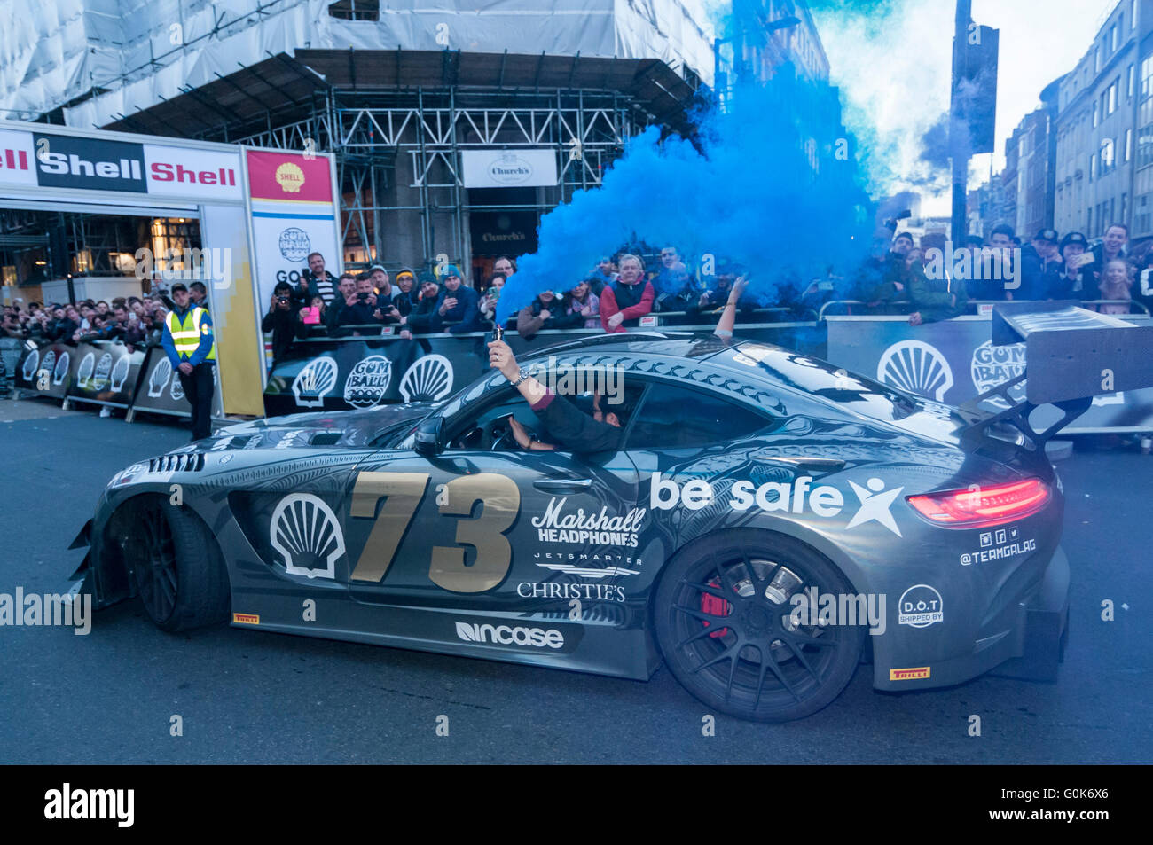 London, UK. 2 May 2016. Supercars in the Gumball 3000 race arrive in ...